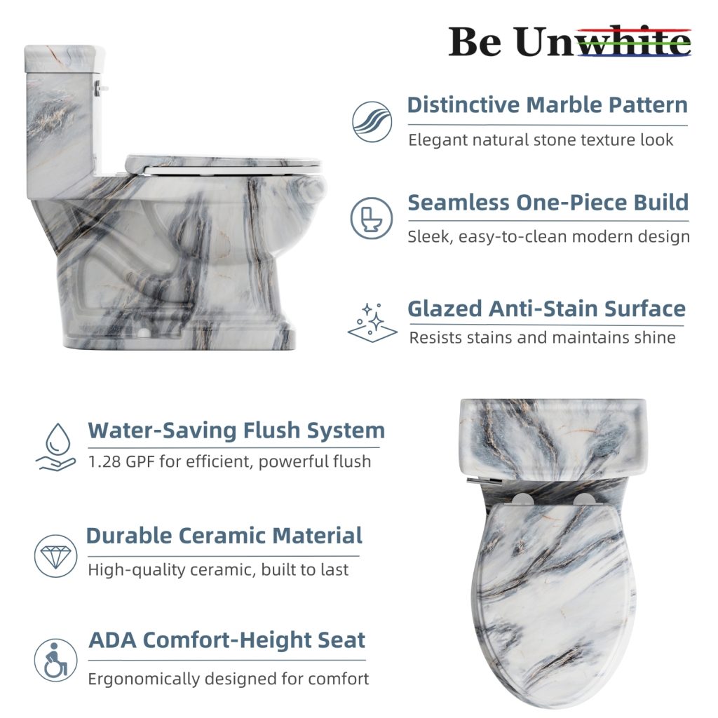 Be Unwhite Ash White Marble Veins One-Piece Toilet Square Base